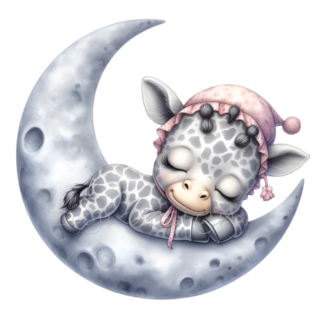 Sleeping Giraffe Clipart PNG 15 Cute Baby Giraffe on Moon Illustration ...