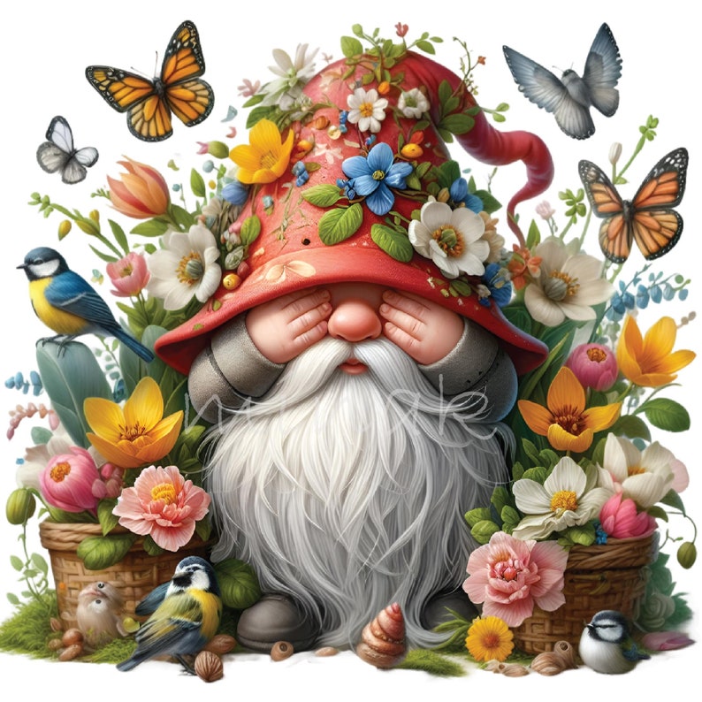 14 PNG Floral Gnome Clipart – Garden Gnome With Flowers and Butterflies ...
