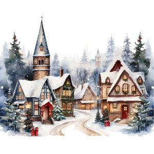 Christmas Village Clipart 10 Watercolor Winter Cottage Scene With Snow ...