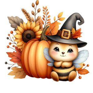 12 Halloween Bee PNG Clipart – Cute Bumblebee With Witch Hat, Pumpkin ...