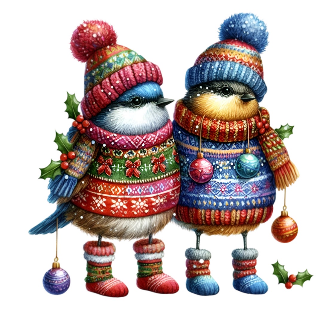 Christmas Birds PNG Clipart, 12 Festive Winter Birds in Sweaters, Cute ...