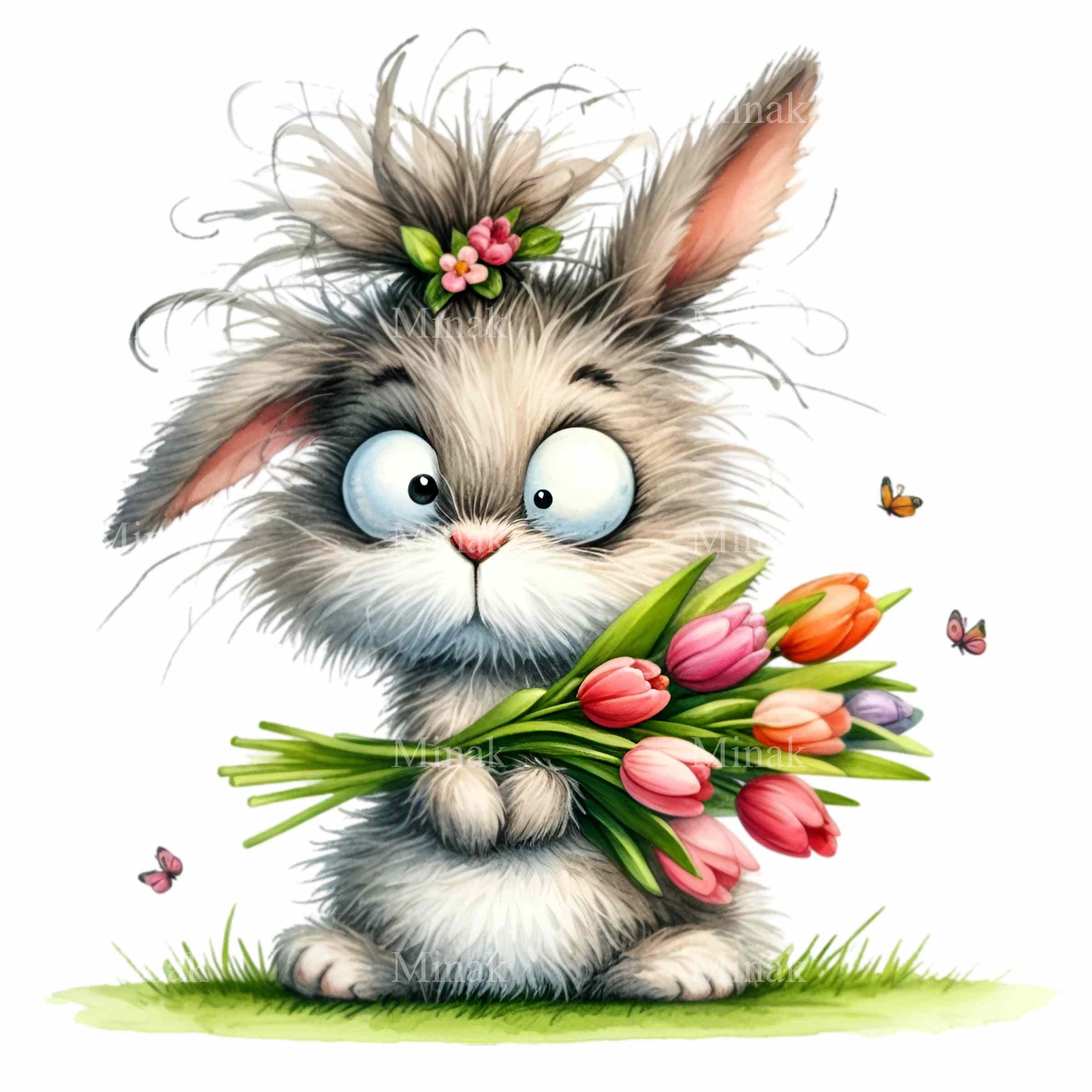 12 PNG Spring Bunny Clipart – Cute Fluffy Rabbit With Tulips – Easter ...