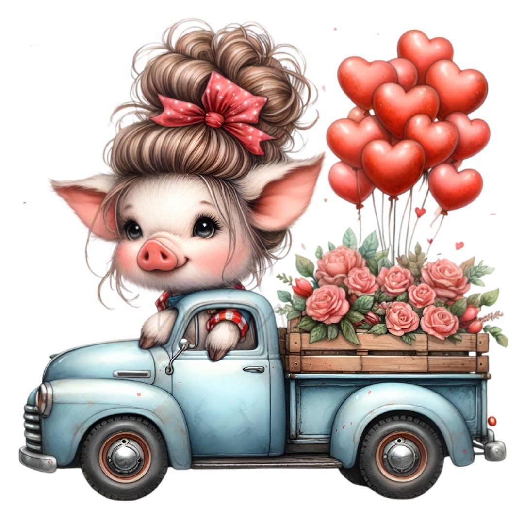 Piglet Love Red Heart Balloons Clipart PNG, 12 Cute Pig Truck, Messy ...