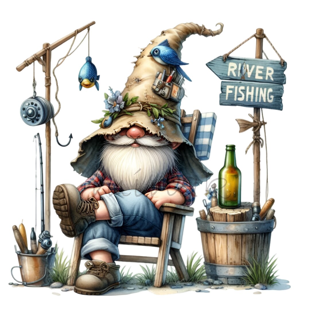 Fishing Gnome Clipart With River Sign and Fishing Gear 10 Whimsical and ...