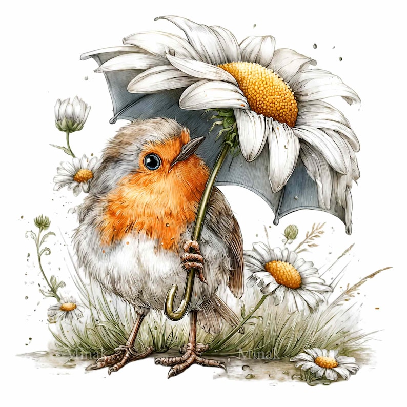 15 PNG Robin Bird Clipart, Daisy Umbrella Garden, Spring Floral ...