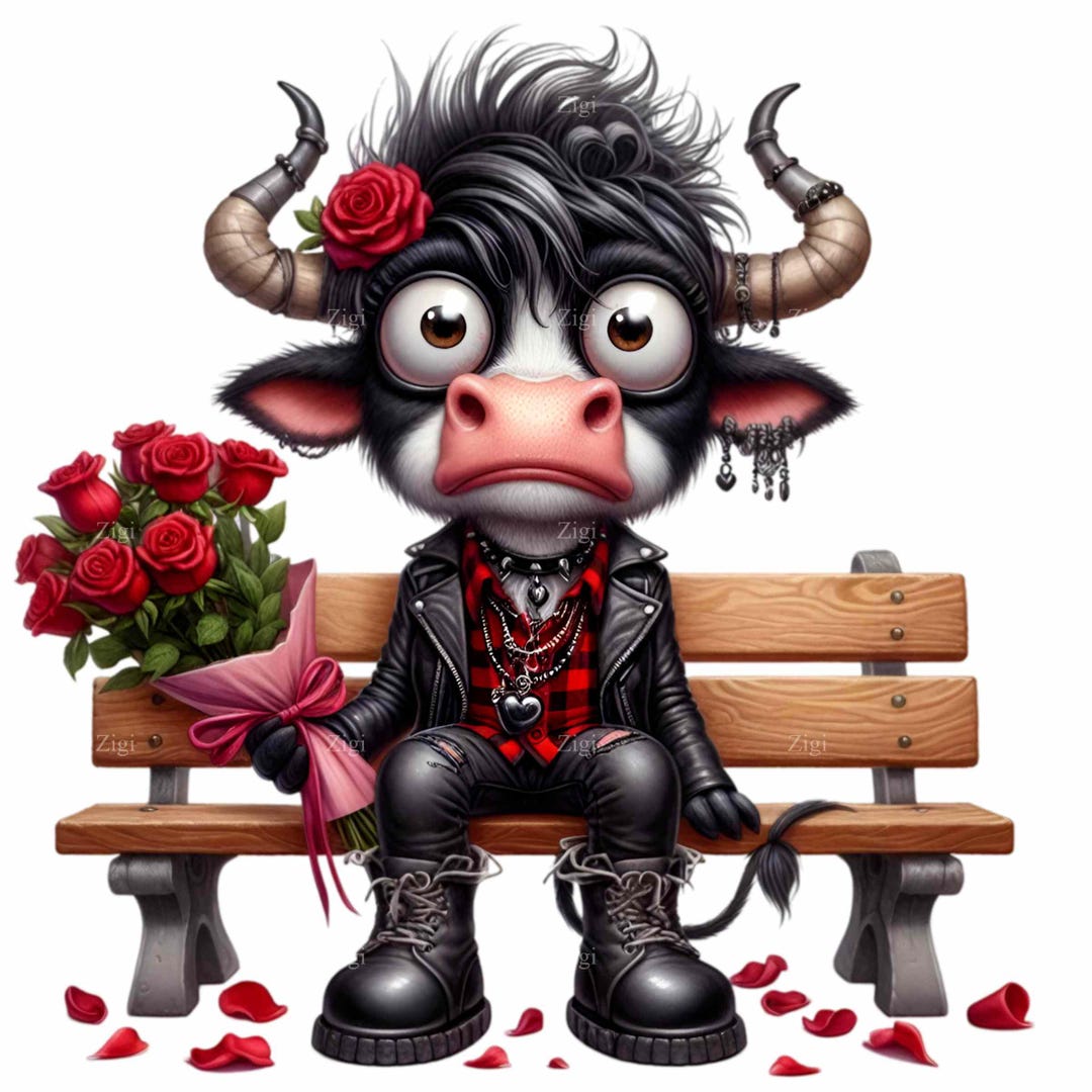 Punk Cow With Roses on Bench PNG Clipart 15 Edgy Farm Animal Art Cow in ...