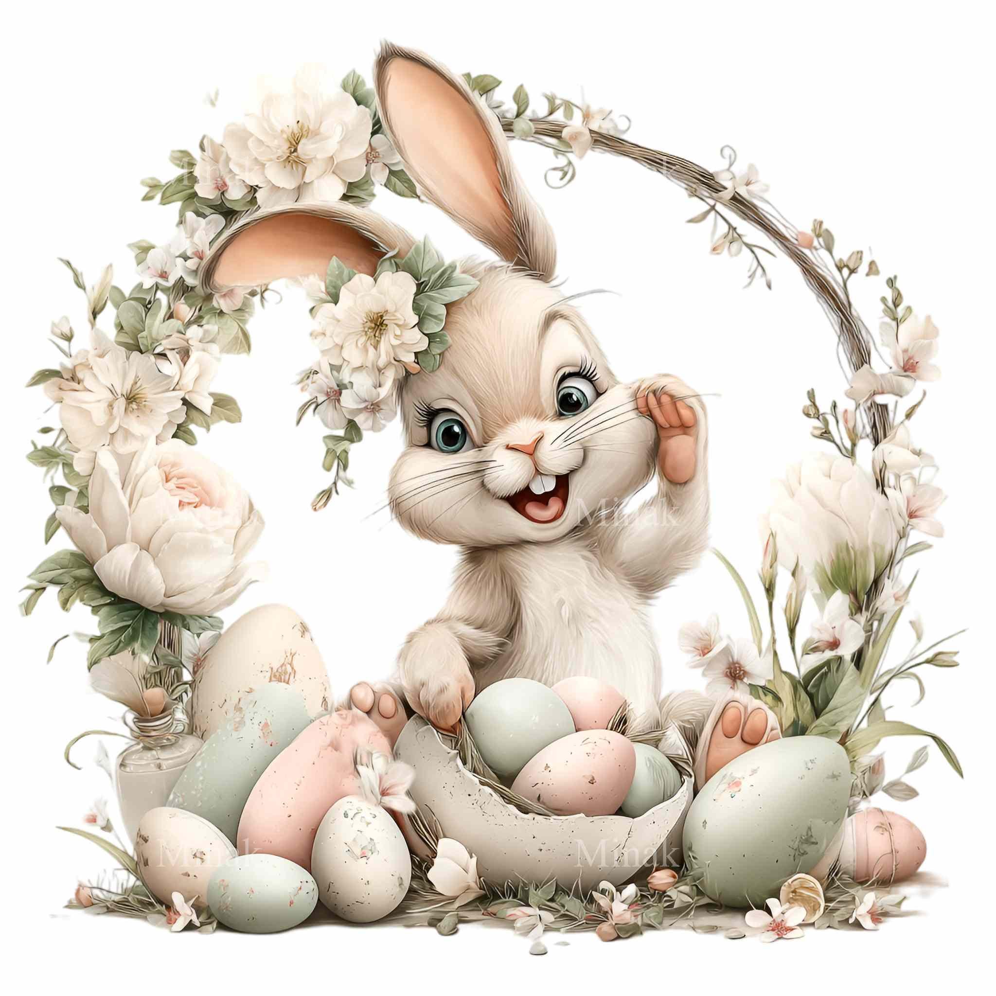15 PNG Spring Bunny, Easter Rabbit Clipart With Eggs Floral Wreath ...
