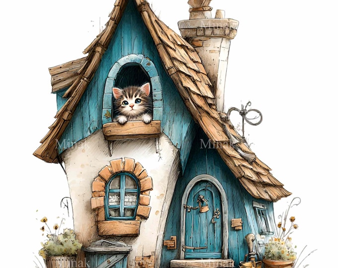 Whimsical Cat House Clipart Bundle • 10 Watercolor Jpgs • Junk ...