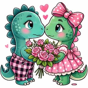 10 Romantic Dinosaur Couple PNG Clipart, Cute Dino With Roses Digital ...