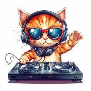 15 Funny DJ Cat PNG Clipart With Headphones and Turntable, Whimsical ...
