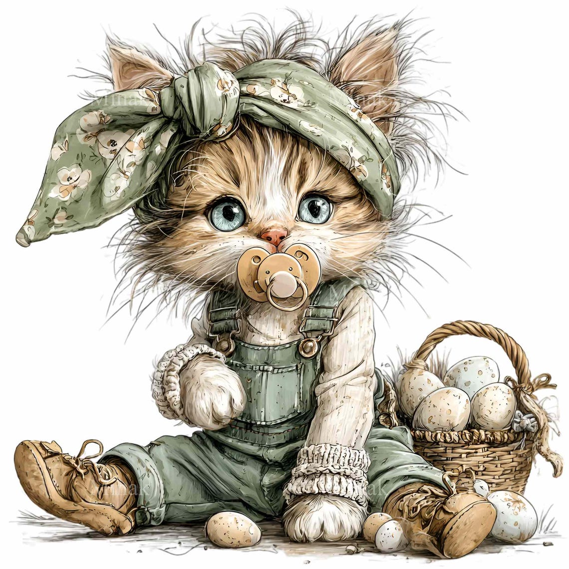 12 PNG Baby Kitten Pacifier Clipart, Cat With Headband Eggs Basket ...
