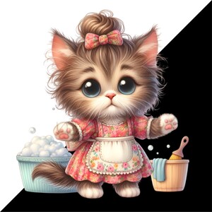 Cleaning Cat Clipart PNG 14 Adorable Kitten With Mop and Toilet ...