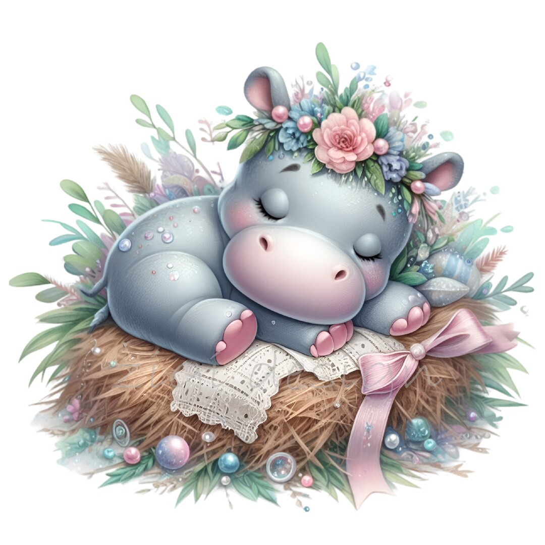 Hippopotamus Clipart, 15 PNG Watercolor Princess Cartoon Animals Clip ...