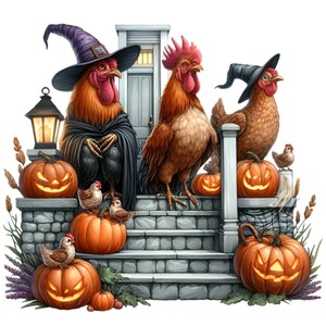 Halloween Rooster in Witch Hat Clipart Spooky Porch Scene With Jack-o ...