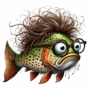Funny Trout Clipart - 15 Quirky Fish With Glasses and Hair Bun Digital ...