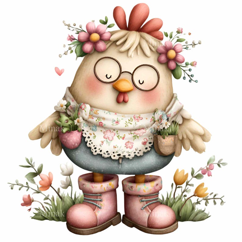 16 PNG Spring Chick Clipart – Cute Flower Crown Bird in Boots and Dress ...
