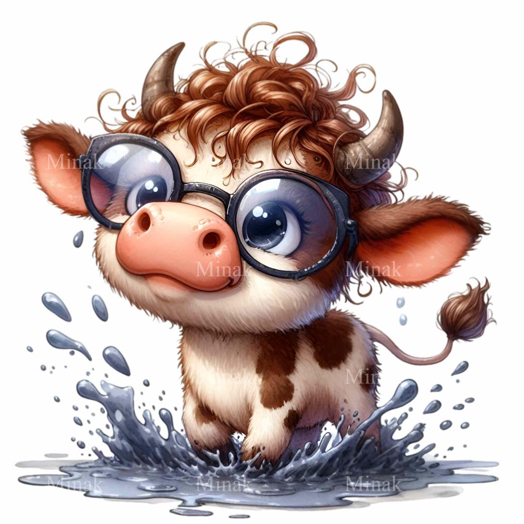 12 Cute Baby Cow PNG Clipart, Fluffy Calf With Curly Hair & Glasses ...