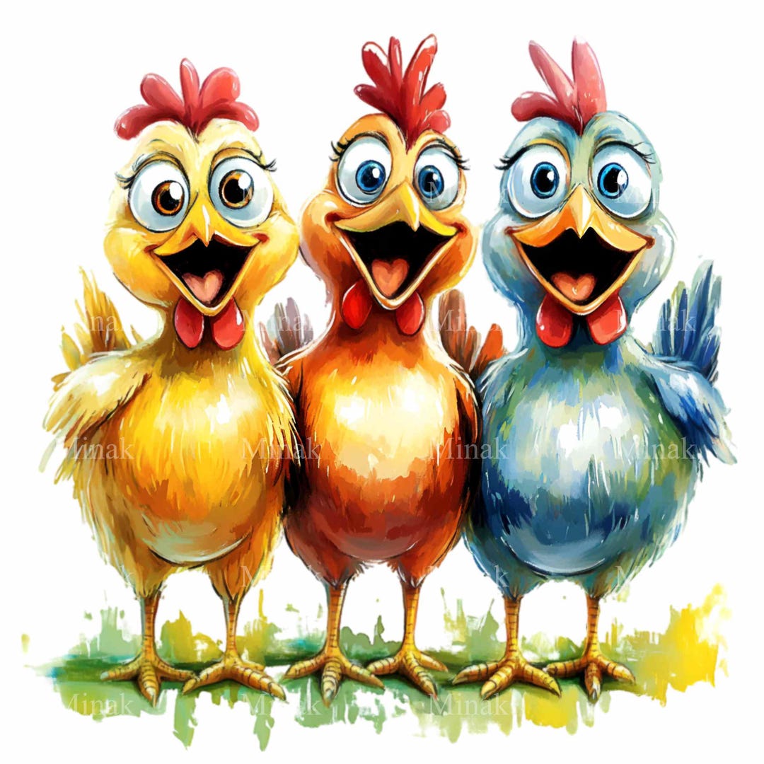 12 PNG Funny Chickens Clipart, Colorful Cartoon Hens PNG, Happy Farm ...