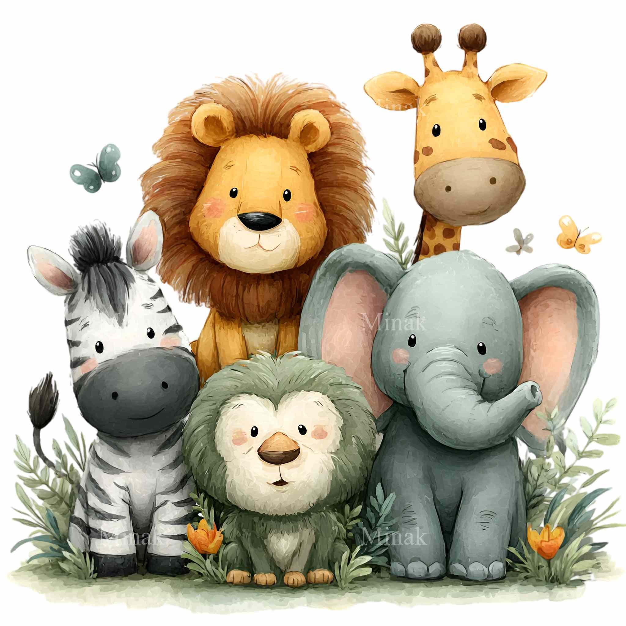 16 PNG Safari Nursery Clipart – Baby Zoo Animals Set With Lion Elephant ...