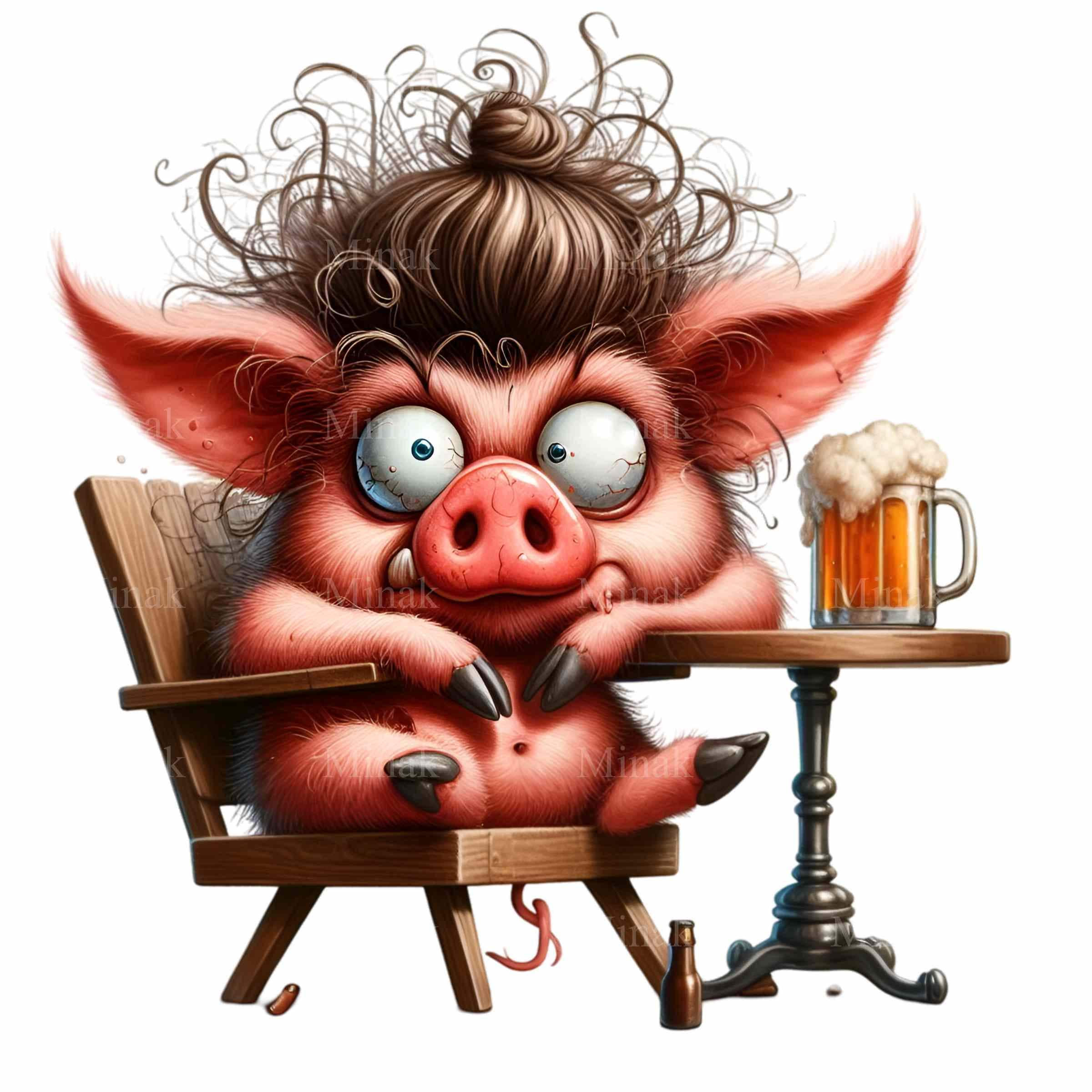 12 PNG Funny Drunk Pig With Beer Clipart, Cute Tipsy Piglet Drinking ...