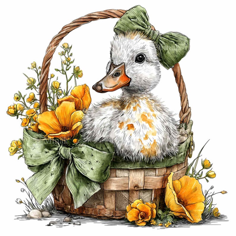 14 PNG Floral Duckling Clipart – Cute Baby Duck PNG – Spring Basket ...