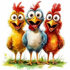 12 Colorful Chickens PNG Clipart - Three Cheerful Cartoon Hens in ...
