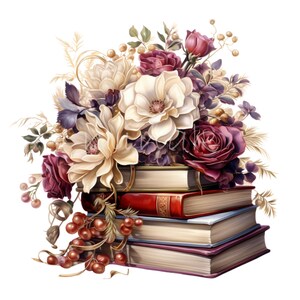 Vintage Book Stack PNG Clipart | 10 Floral Books Arrangement | Elegant ...