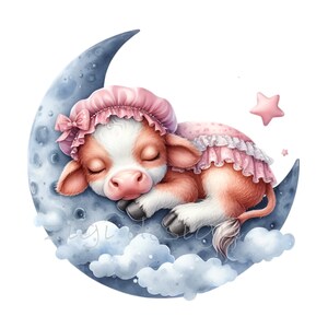 12 PNG Sleeping Calf Clipart – Baby Cow on Moon PNG – Nursery Animal ...
