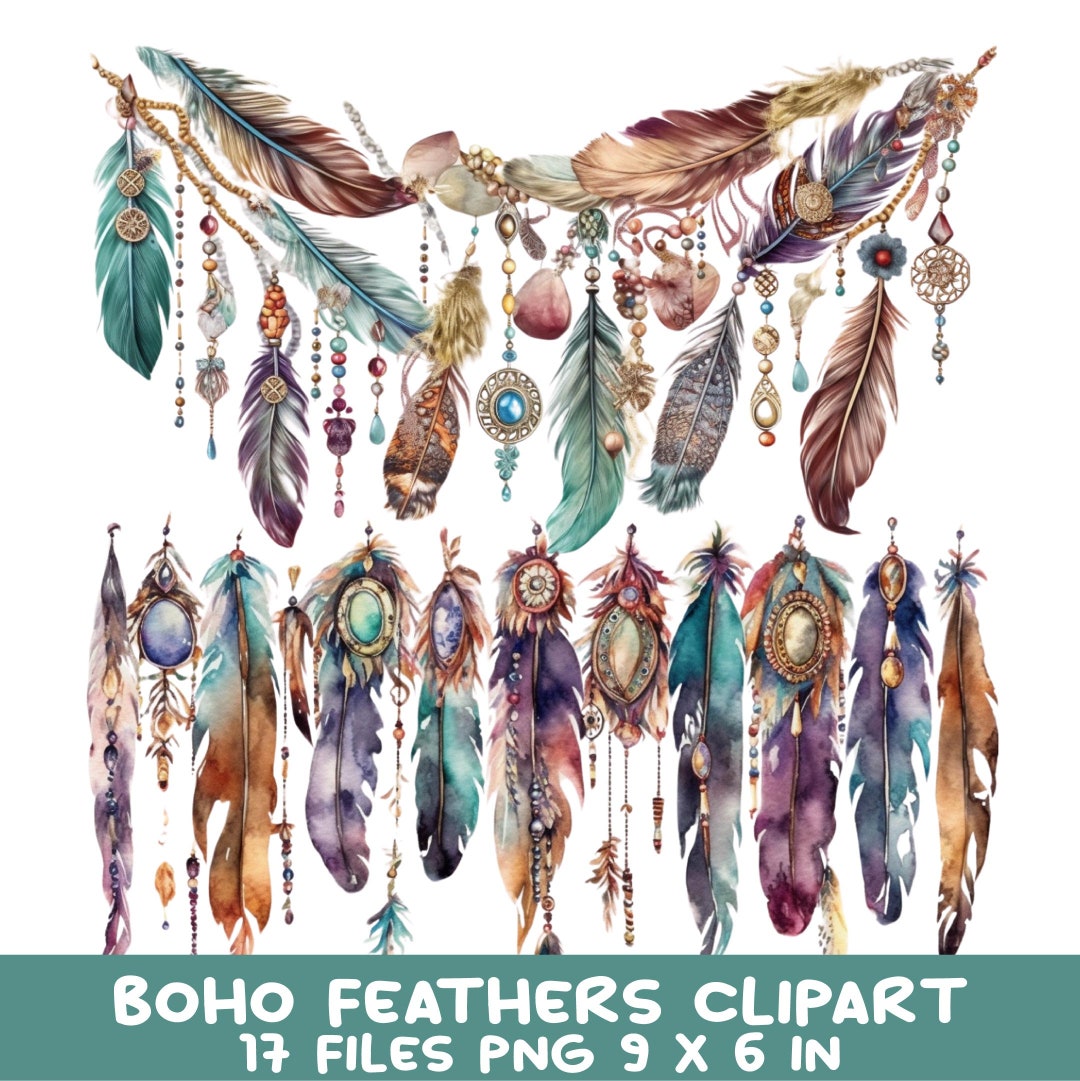 Boho Feathers Clipart Bundles, 17 PNG Watercolor Beaded Plumes Garland ...