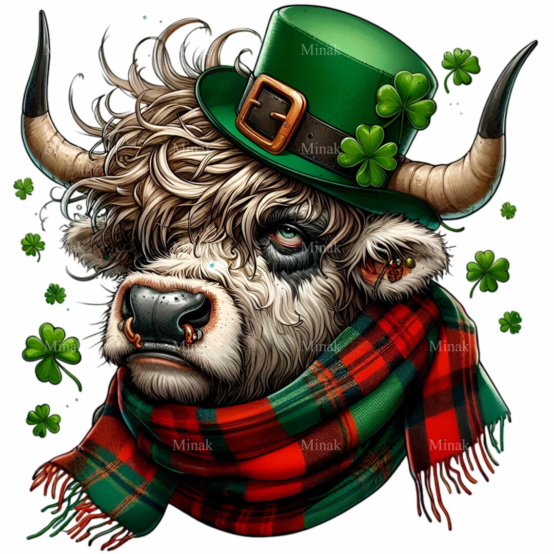 Irish Highland Cow PNG Clipart With Leprechaun Hat and Plaid Scarf 12 ...