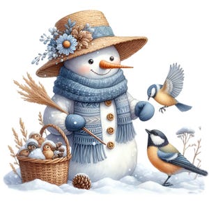 Snowman and Birds Clipart PNG - 15 Whimsical Winter Scene With Snowman ...