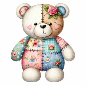 Patchwork Bear PNG Clipart | 12 Cute Quilted Bear Illustration | Floral ...