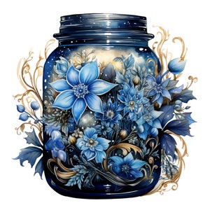 Floral Mason Jar Clipart - Watercolor Blue Flowers in Glass Jar With ...