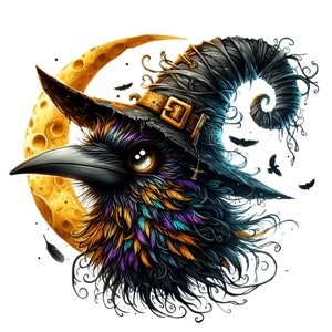 Haunted Raven With Witch Hat and Moon 14 PNG, Spooky Raven Clipart ...