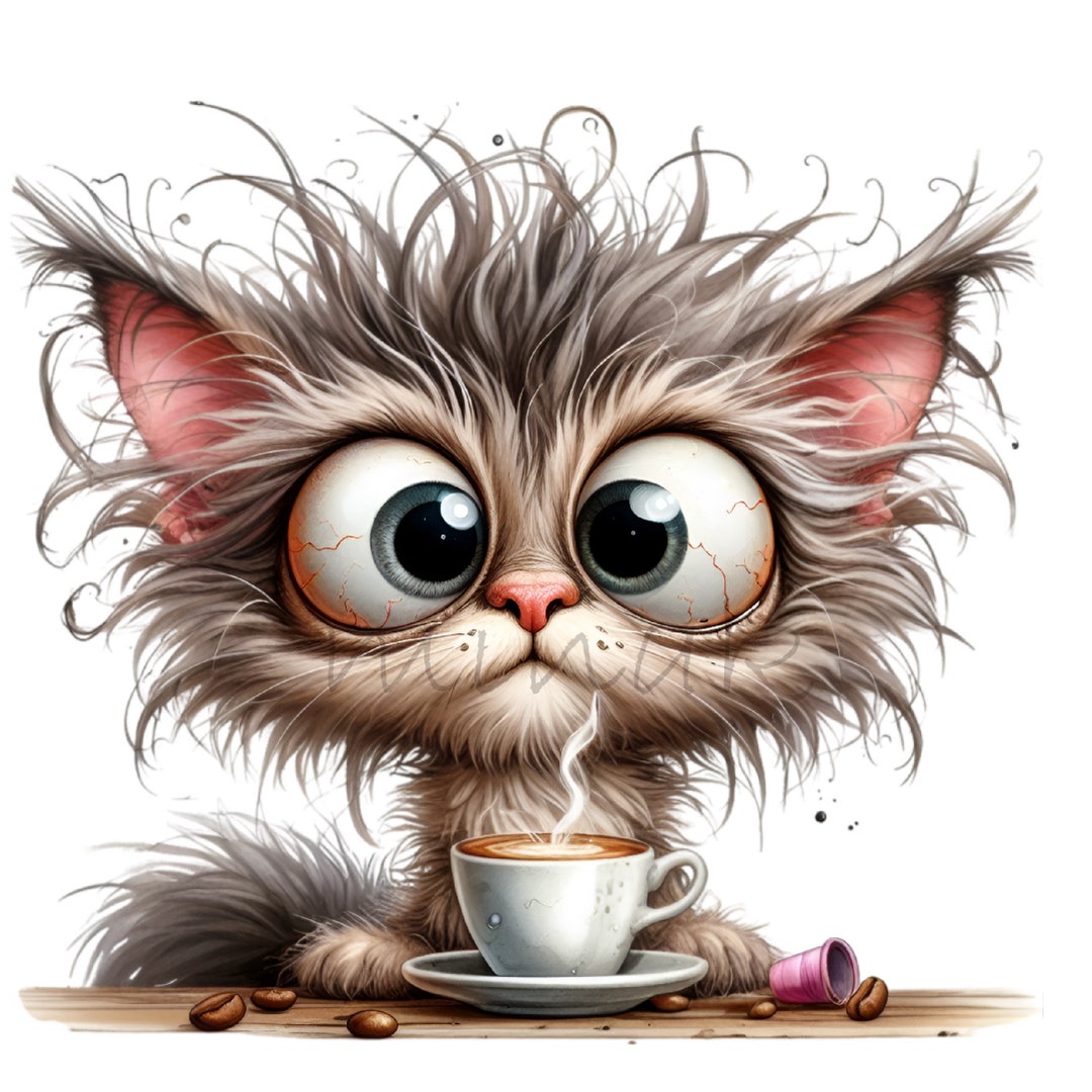 Cute Kitten Drinking Coffee 12 PNG Comics Cat Quirky Animal Cartoon ...