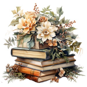 Vintage Book Stack PNG Clipart | 10 Floral Books Arrangement | Elegant ...