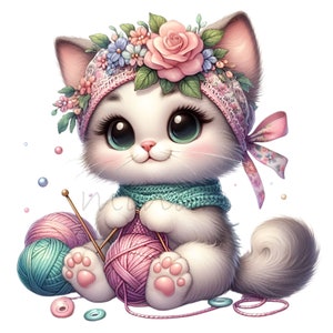 Knitting Kitten Clipart, 10 Cute Cat With Flowers and Yarn, Digital Art ...