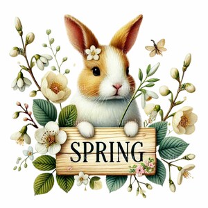 14 Spring Bunny PNG Clipart - Adorable Rabbit With Blossoms and Wooden ...