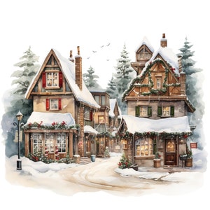 Christmas Village Clipart 10 Watercolor Winter Cottage Scene With Snow ...