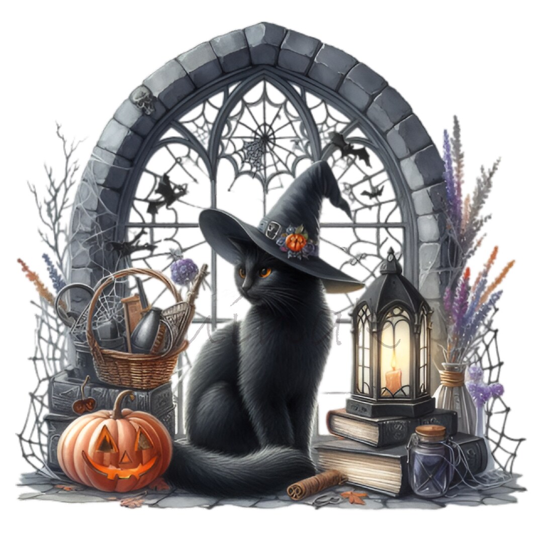 12 Halloween Cat PNG Clipart – Witch Cat With Hat, Pumpkin, Lantern ...