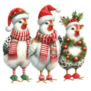 Festive Christmas Chickens Clipart, 10 Cute Holiday Rooster PNG, Santa ...