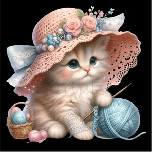 12 Cute Cat PNG Clipart Crocheting With Yarn Balls, Kitty in Hat and ...