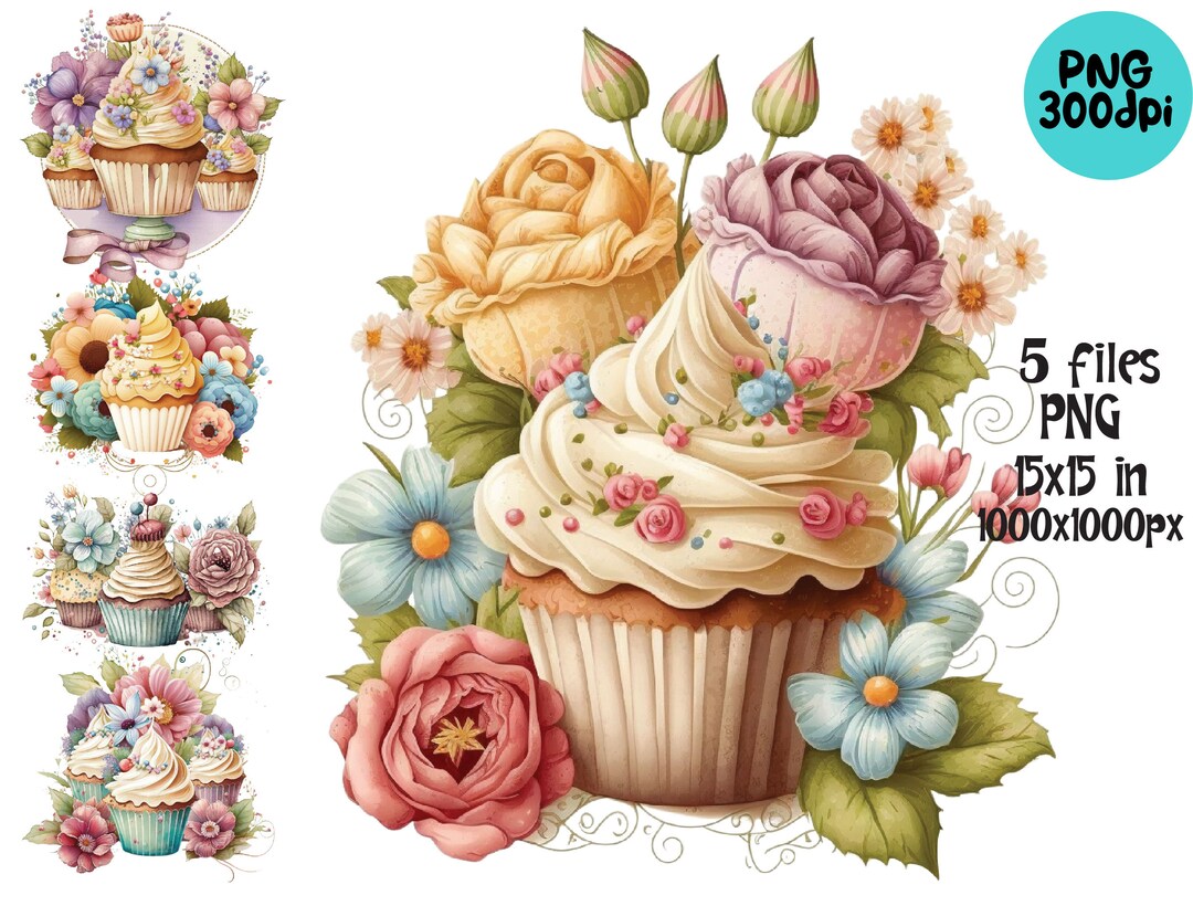 Watercolor Cupcake Clipart PNG, Floral Bakery Dessert Sublimation - Etsy