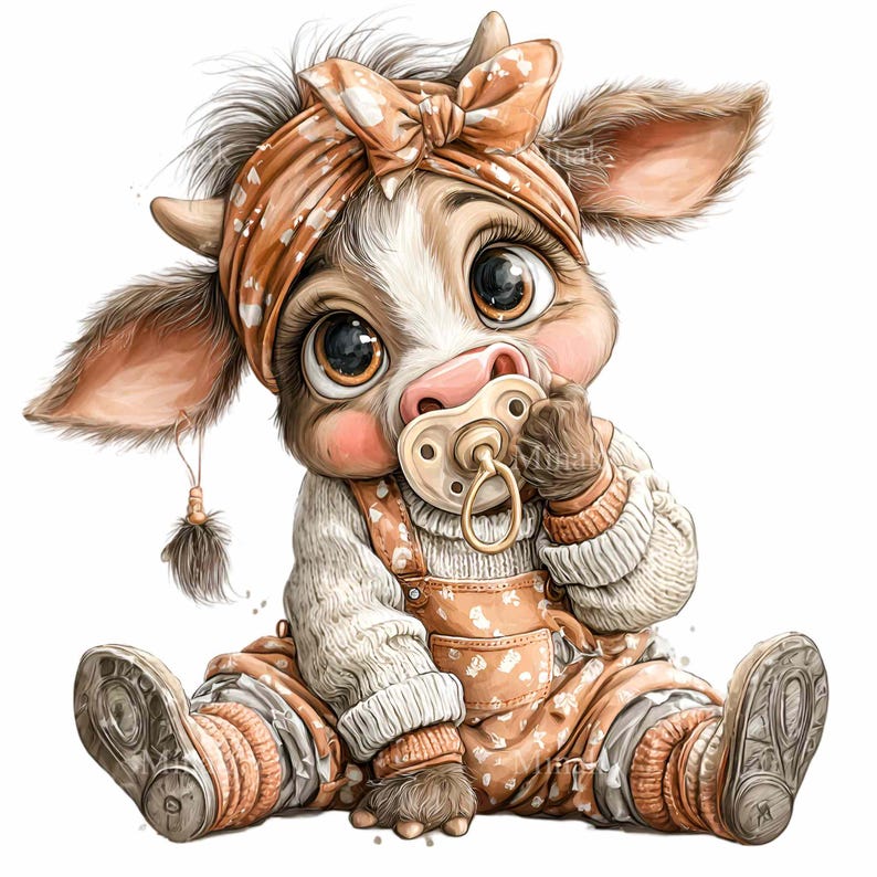16 PNG Baby Cow Clipart – Newborn Calf With Pacifier and Headband for ...