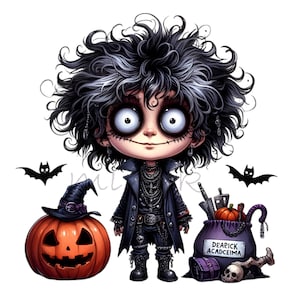 Spooky Witch Kid Clipart PNG 15 Gothic Child With Pumpkin and Bag ...