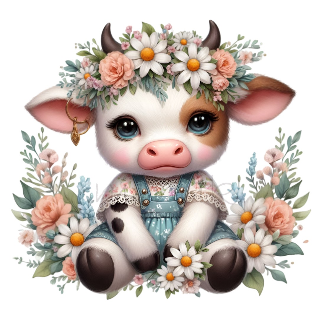 Floral Cow Clipart PNG, 15 Watercolor Farm Animal Clip Art, Baby Cow ...