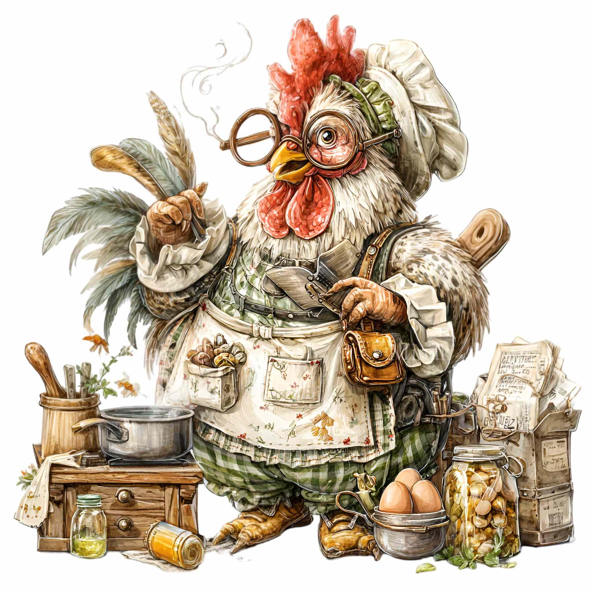 10 PNG Chicken Baker Illustration – Hen Chef Clipart, Whimsical Farm ...