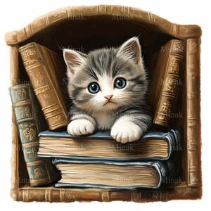 14 Kitten in Bookshelf PNG Clipart – Cute Library Cat With Vintage ...
