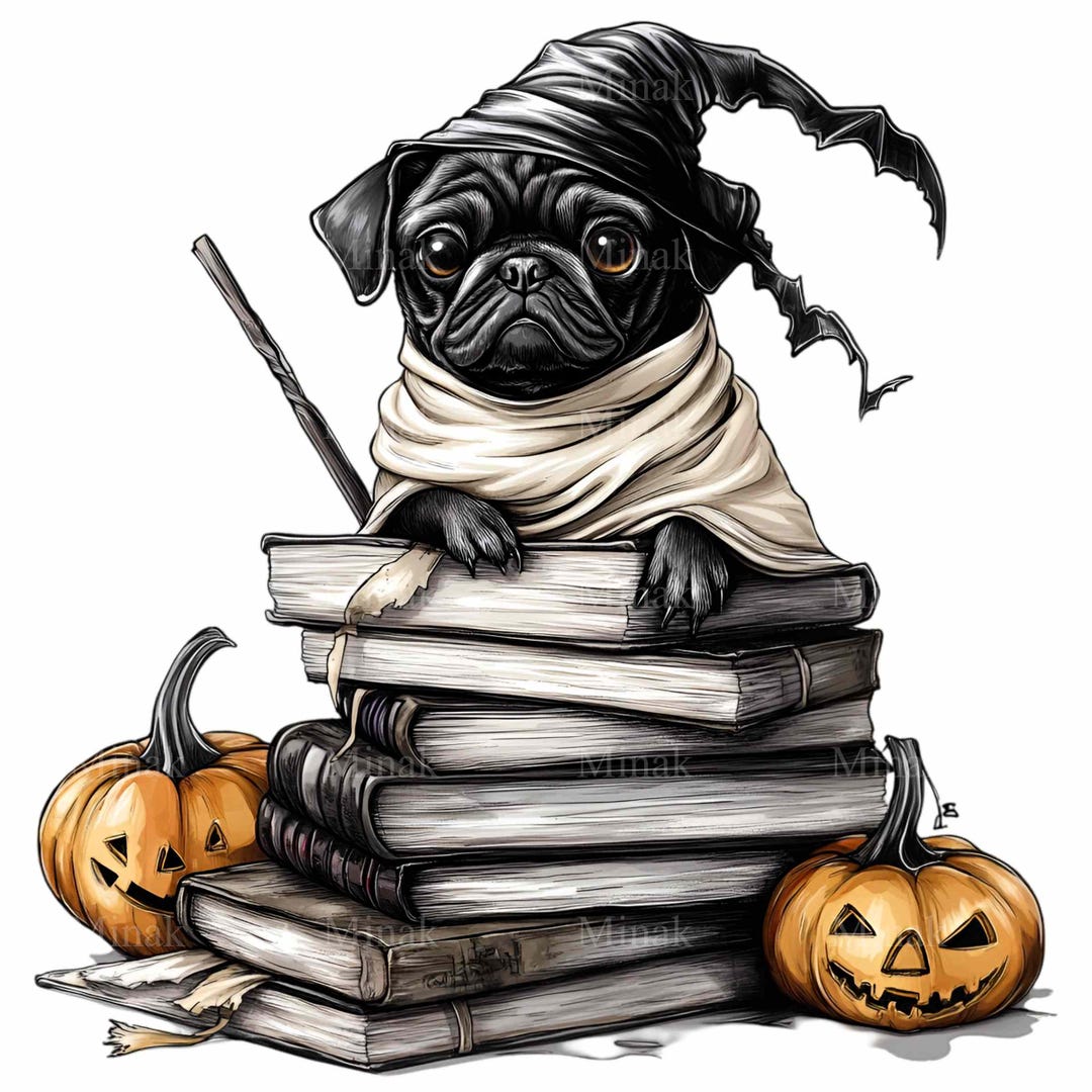 20 Halloween Pug With Books PNG Clipart – Cute Witch Dog With Pumpkins ...