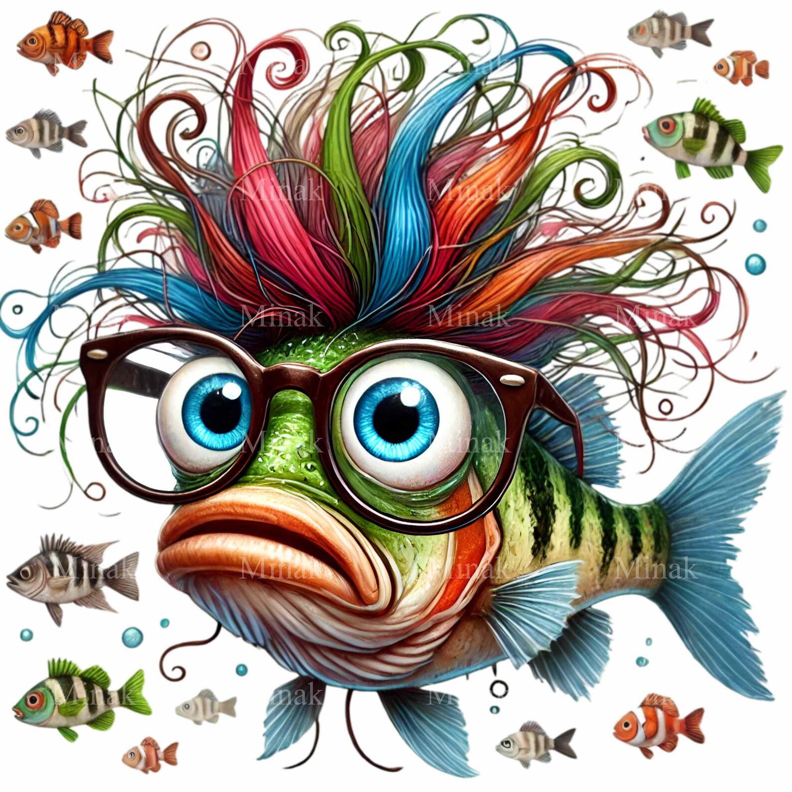 11 Funny Fish PNG Clipart, Quirky Fish With Messy Hair and Glasses ...